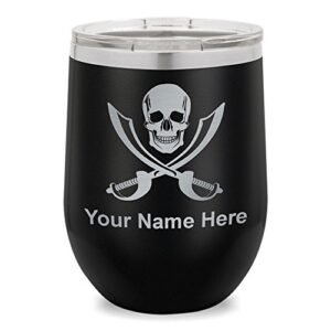 skunkwerkz wine glass tumbler, jolly roger, personalized engraving included (black)