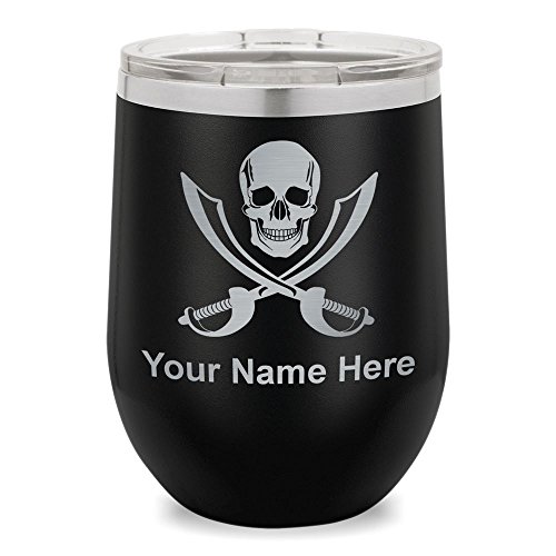 SkunkWerkz Wine Glass Tumbler, Jolly Roger, Personalized Engraving Included (Black)