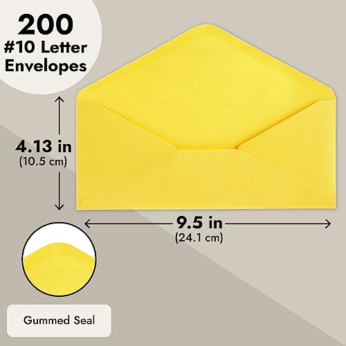 200 Pack #10 Yellow Envelopes Bulk with Gummed Seal for Party Invitation Cards, Mailing Business Letters, Checks (4 1/8 x 9 1/2)