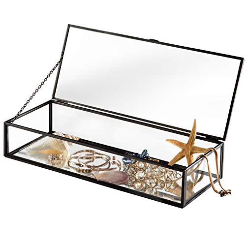 MyGift Glass Jewelry Box, Vintage Style Black Metal & Clear Glass Mirrored Shadow Box Jewelry Display Case with Hinged Top Lid