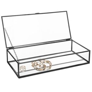 MyGift Glass Jewelry Box, Vintage Style Black Metal & Clear Glass Mirrored Shadow Box Jewelry Display Case with Hinged Top Lid