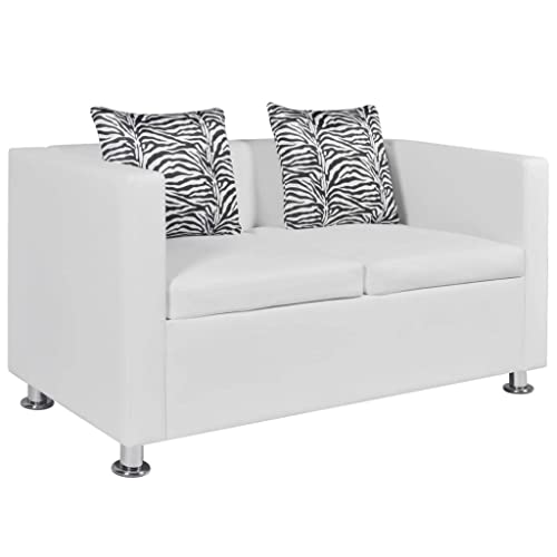 vidaXL Sofa, Love Seat Sofa Couch with 2 Pillows, Loveseat Sofa for Home Living Room Bedroom, Modern Style, Artificial Leather White