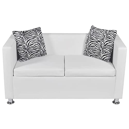 vidaXL Sofa, Love Seat Sofa Couch with 2 Pillows, Loveseat Sofa for Home Living Room Bedroom, Modern Style, Artificial Leather White