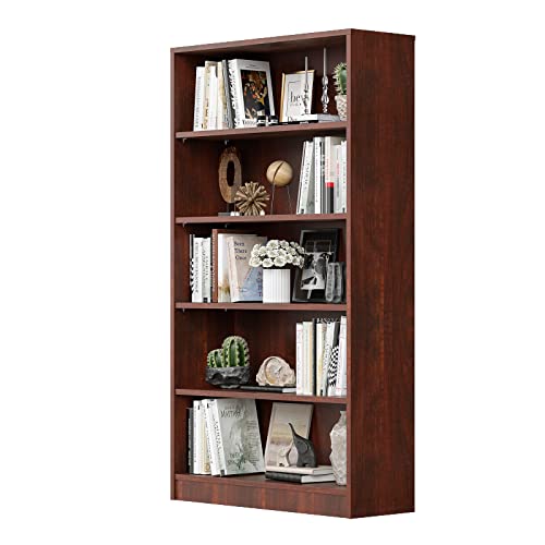 Wood Bookcase 5-Shelf Freestanding Display Wooden Bookshelf for Home Office School (11.6" D*33" W*59.8" H,Cherry)