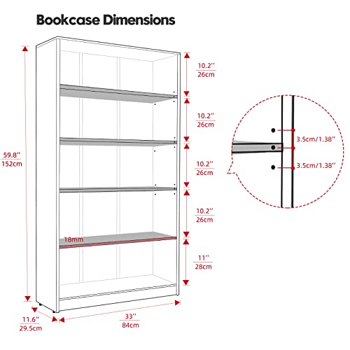 Wood Bookcase 5-Shelf Freestanding Display Wooden Bookshelf for Home Office School (11.6" D*33" W*59.8" H,Cherry)