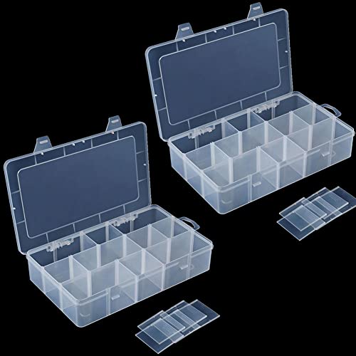 HomDSim 2 Pack 15 Large Grids Clear Plastic Organizer Storage Box for Washi Tape,Adjustable Compartments with Dividers,Container Holder for Ribbon,Sewing,Thread,Masking Tape,DIY Sticker Roll Tape