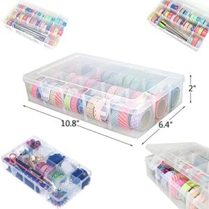 HomDSim 2 Pack 15 Large Grids Clear Plastic Organizer Storage Box for Washi Tape,Adjustable Compartments with Dividers,Container Holder for Ribbon,Sewing,Thread,Masking Tape,DIY Sticker Roll Tape