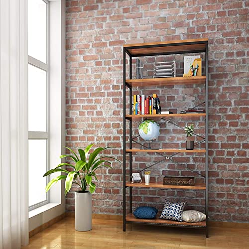 Kemanner 5-Tier Industrial Style Bookcase, Vintage Free Standing Bookshelf, Rustic Wood Bookcases Furniture (Brown.)