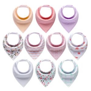 10-pack baby bandana drool bibs for girls with adjustable snaps, organic cotton soft and absorbent newborn, toddler girl solid color bibs for drooling and teething by miiyoung