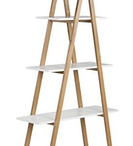 Universal Expert Abacus 4-Tier Ladder Bookcase, Leaning Free Stand Wood Bookshelf Frame Storage Rack, Display Shelf for Home Office, Oak and White