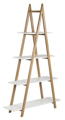 Universal Expert Abacus 4-Tier Ladder Bookcase, Leaning Free Stand Wood Bookshelf Frame Storage Rack, Display Shelf for Home Office, Oak and White