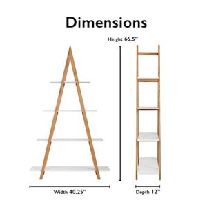 Universal Expert Abacus 4-Tier Ladder Bookcase, Leaning Free Stand Wood Bookshelf Frame Storage Rack, Display Shelf for Home Office, Oak and White