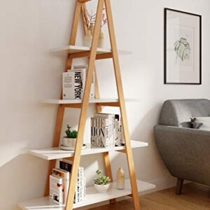 Universal Expert Abacus 4-Tier Ladder Bookcase, Leaning Free Stand Wood Bookshelf Frame Storage Rack, Display Shelf for Home Office, Oak and White