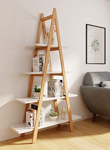 Universal Expert Abacus 4-Tier Ladder Bookcase, Leaning Free Stand Wood Bookshelf Frame Storage Rack, Display Shelf for Home Office, Oak and White