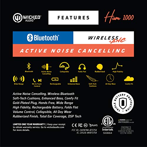 Wicked Audio HUM 1000 Wireless Bluetooth Headphones with Active Noise Cancelling