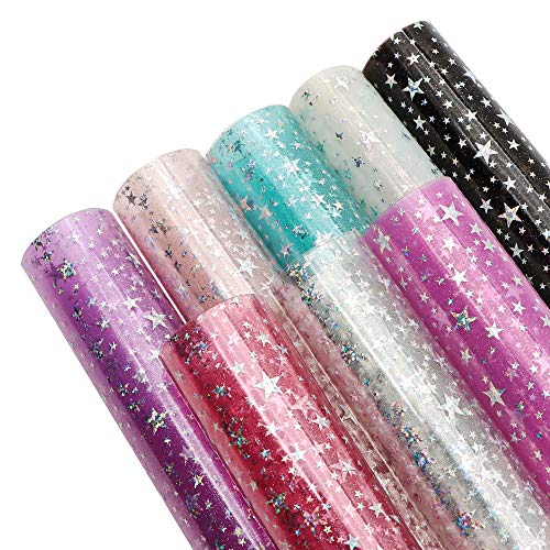 Glitter Synthetic Leather Fabric Laser Star Printed Translucent Sheets 8 pcs 7.7" x 12.9" (20cm x 33cm) DIY Craft Assorted Colours for Hair Bows (Translucent Leather)