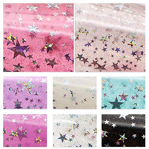 Glitter Synthetic Leather Fabric Laser Star Printed Translucent Sheets 8 pcs 7.7" x 12.9" (20cm x 33cm) DIY Craft Assorted Colours for Hair Bows (Translucent Leather)