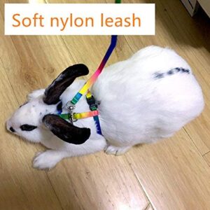 Rabbit Harness Lead Leash Soft Nylon, Adorable Colorful Rainbow Adjustable Harness Collar, Outdoor Walking Buckle Leash