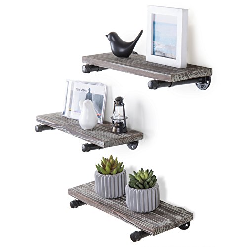 MyGift Wood Floating Shelves, Torched Wood Wall Shelf for Bedroom with Industrial Metal Pipe Brackets, Set of 3