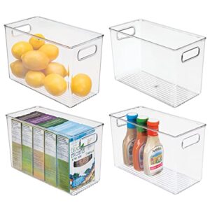 mdesign plastic slim organizing bin for kitchen pantry cabinet, fridge or freezer, food organization storage bin with handles, pantry or kitchen storage organizer bins, ligne collection, 4 pack, clear