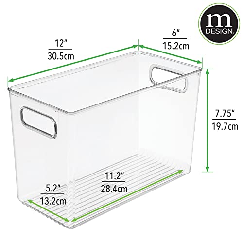 mDesign Plastic Slim Organizing Bin for Kitchen Pantry Cabinet, Fridge or Freezer, Food Organization Storage Bin with Handles, Pantry or Kitchen Storage Organizer Bins, Ligne Collection, 4 Pack, Clear