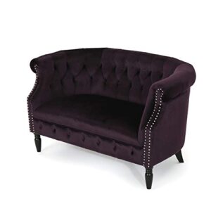 christopher knight home milani tufted scroll arm velvet loveseat, blackberry / dark brown