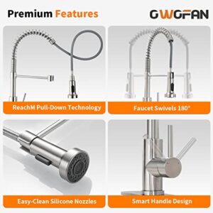 OWOFAN Kitchen Faucet with Pull Down Sprayer Brushed Nickel Stainless Steel Single Handle Pull Out Spring Sink Faucets 1 Hole Or 3 Hole Dual Function for Farmhouse Camper Laundry Utility Rv Wet Bar