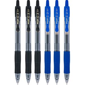 pilot g2 pens retractable gel roller ballpoint 07 fine pt black & blue bundle (6)