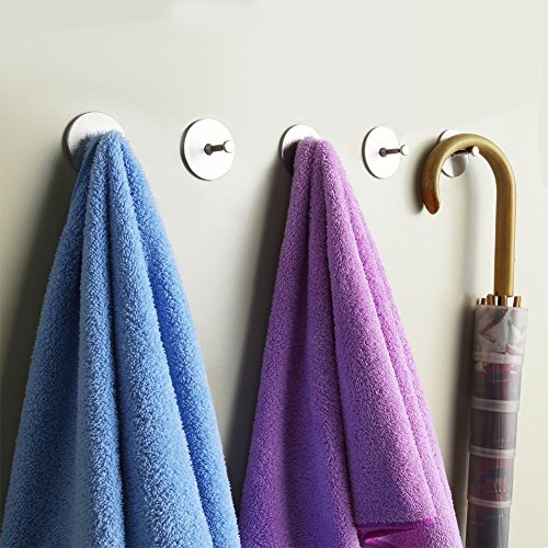 TENSKY Adhesive Bath Towel Hook Stainless Steel Robe Hook and Self Sitck On Wall Single Coat Hook Heavy Duty Brushed Finish Round Base 4 Pieces