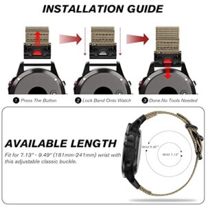 Fintie Band Compatible with Garmin Fenix 5X/5X Plus, Fenix 6X/6X Pro, Fenix 7X, Fenix 3/3 HR, Descent MK1/D2 Delta PX/D2 Charlie, 26mm Quickfit Soft Nylon Sport Strap (Desert Tan)