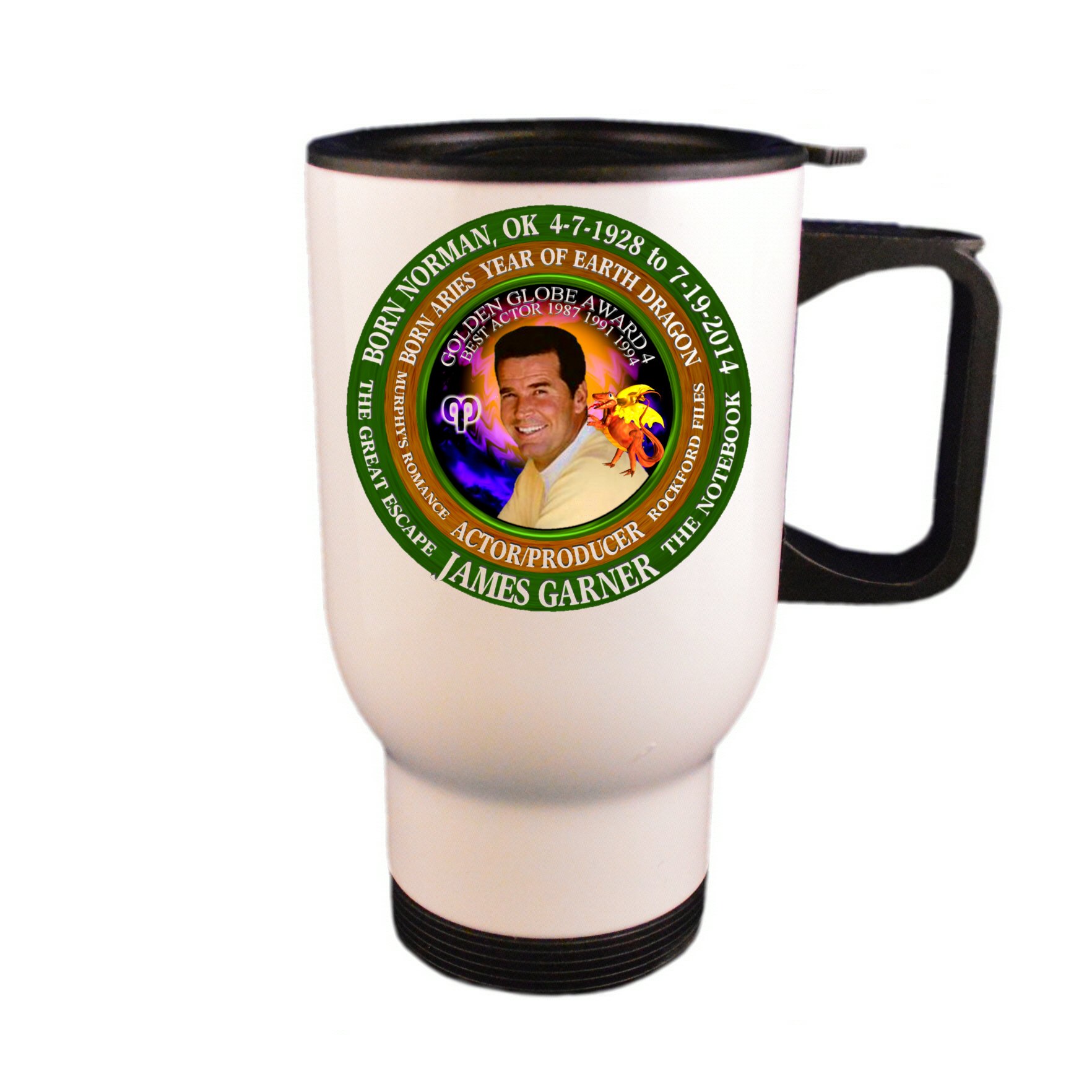 James Garner (WH) Travel Mug Stainless Steel + Lid,Born Aries In Chinese Zodiac Earth Dragon