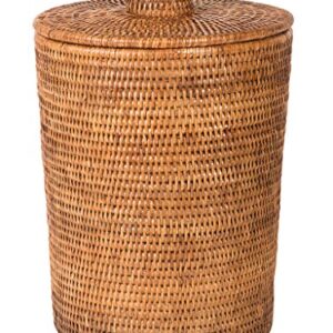 Kouboo La Jolla Rattan Round Plastic Insert & Lid, Large, Honey-Brown for Bedroom, Living Room and Bathroom Basket for Dry and Organic Waste