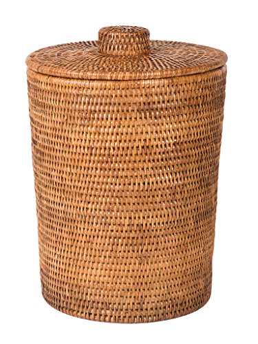 Kouboo La Jolla Rattan Round Plastic Insert & Lid, Large, Honey-Brown for Bedroom, Living Room and Bathroom Basket for Dry and Organic Waste