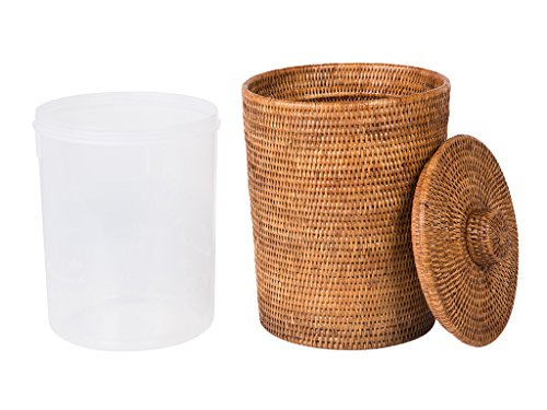 Kouboo La Jolla Rattan Round Plastic Insert & Lid, Large, Honey-Brown for Bedroom, Living Room and Bathroom Basket for Dry and Organic Waste