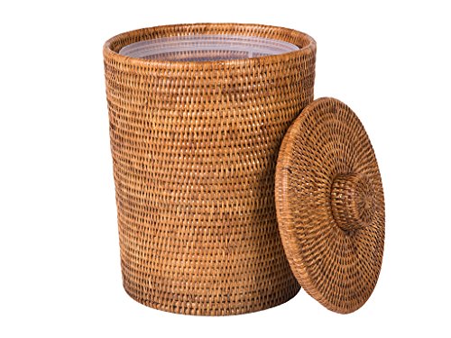 Kouboo La Jolla Rattan Round Plastic Insert & Lid, Large, Honey-Brown for Bedroom, Living Room and Bathroom Basket for Dry and Organic Waste