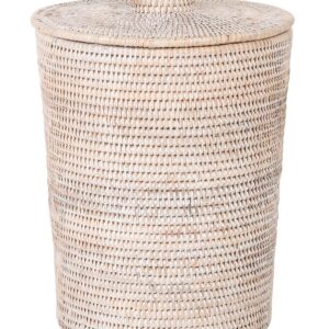 Kouboo La Jolla Rattan Round Plastic Insert & Lid, Large, White-Wash for Bedroom, Living Room and Bathroom Basket for Dry or Organic Waste