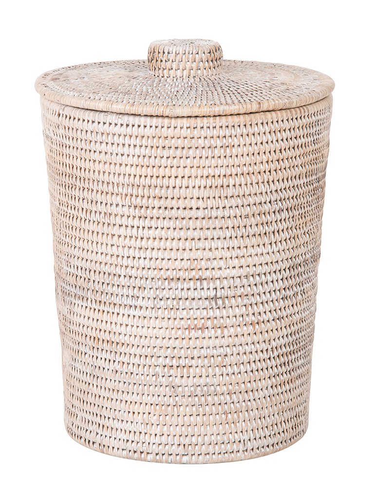 Kouboo La Jolla Rattan Round Plastic Insert & Lid, Large, White-Wash for Bedroom, Living Room and Bathroom Basket for Dry or Organic Waste