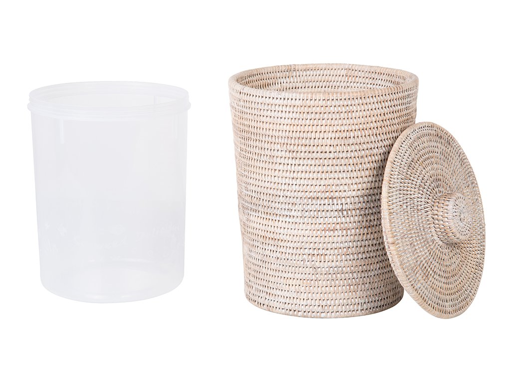 Kouboo La Jolla Rattan Round Plastic Insert & Lid, Large, White-Wash for Bedroom, Living Room and Bathroom Basket for Dry or Organic Waste