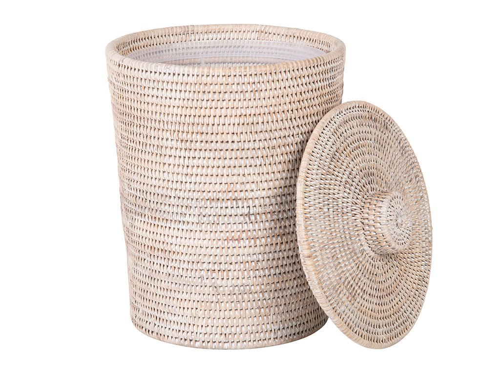 Kouboo La Jolla Rattan Round Plastic Insert & Lid, Large, White-Wash for Bedroom, Living Room and Bathroom Basket for Dry or Organic Waste