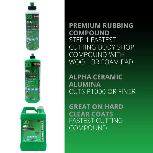 3D ACA 510 Premium Rubbing Compound - 32oz - Step 1 Fastest Cutting Body Shop Compound with Wool or Foam Pad - Cuts P1000 or Finer - Great on Hard Clear Coats - Alpha Ceramic Alumina