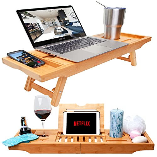 Bamboo Bathtub Tray & Bed Laptop Desk with Foldable Legs, Latest Unique Zen Design Bathtub Caddy, Top Quality Bamboo Bathtub Caddy Tray with Adjustable Legs, Wine Glass & iPad Holder by Bambooware