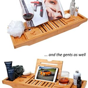 Bamboo Bathtub Tray & Bed Laptop Desk with Foldable Legs, Latest Unique Zen Design Bathtub Caddy, Top Quality Bamboo Bathtub Caddy Tray with Adjustable Legs, Wine Glass & iPad Holder by Bambooware