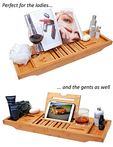 Bamboo Bathtub Tray & Bed Laptop Desk with Foldable Legs, Latest Unique Zen Design Bathtub Caddy, Top Quality Bamboo Bathtub Caddy Tray with Adjustable Legs, Wine Glass & iPad Holder by Bambooware