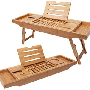 Bamboo Bathtub Tray & Bed Laptop Desk with Foldable Legs, Latest Unique Zen Design Bathtub Caddy, Top Quality Bamboo Bathtub Caddy Tray with Adjustable Legs, Wine Glass & iPad Holder by Bambooware