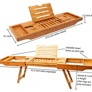 Bamboo Bathtub Tray & Bed Laptop Desk with Foldable Legs, Latest Unique Zen Design Bathtub Caddy, Top Quality Bamboo Bathtub Caddy Tray with Adjustable Legs, Wine Glass & iPad Holder by Bambooware