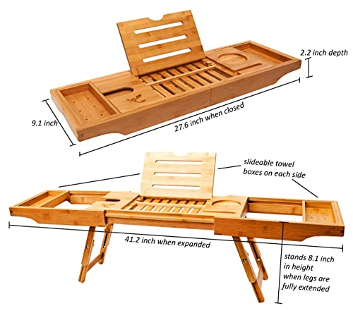 Bamboo Bathtub Tray & Bed Laptop Desk with Foldable Legs, Latest Unique Zen Design Bathtub Caddy, Top Quality Bamboo Bathtub Caddy Tray with Adjustable Legs, Wine Glass & iPad Holder by Bambooware