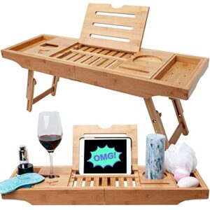 Bamboo Bathtub Tray & Bed Laptop Desk with Foldable Legs, Latest Unique Zen Design Bathtub Caddy, Top Quality Bamboo Bathtub Caddy Tray with Adjustable Legs, Wine Glass & iPad Holder by Bambooware