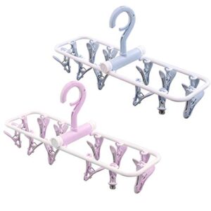 creatiee 2 pack folding portable travel clip, drip drying hanger rack with 12 clips for clothes socks underwear - windproof & space saving (light blue + light purple)