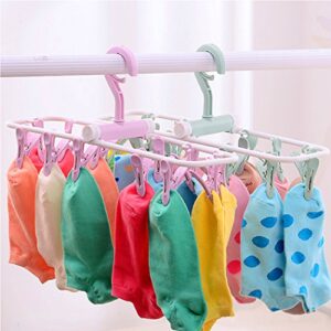 Creatiee 2 Pack Folding Portable Travel Clip, Drip Drying Hanger Rack with 12 Clips for Clothes Socks Underwear - Windproof & Space Saving (Light Blue + Light Purple)