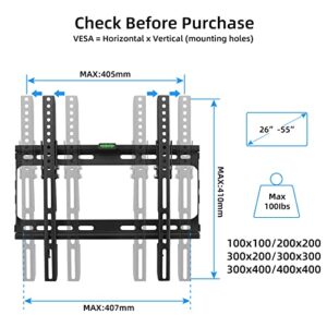 Suptek Tilt TV Wall Mount Bracket for Most 26-55 inch LED, LCD and Plasma TV, Mount with Max 400x400mm VESA and 100lbs Loading Capacity, Fits Studs 16" Apart, Low Profile with Bubble Level (MT4204),